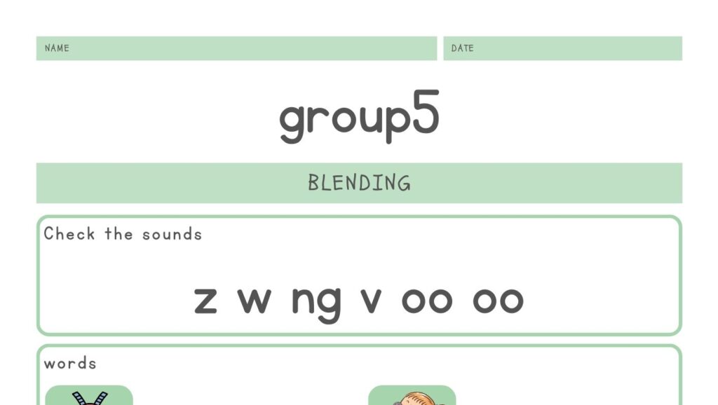 【フォニックス】「group5・z,w,ng,v,oo,oo」ワークシート（単語・ブレンディング） - Tontonttu_保育と英語とアイルランド